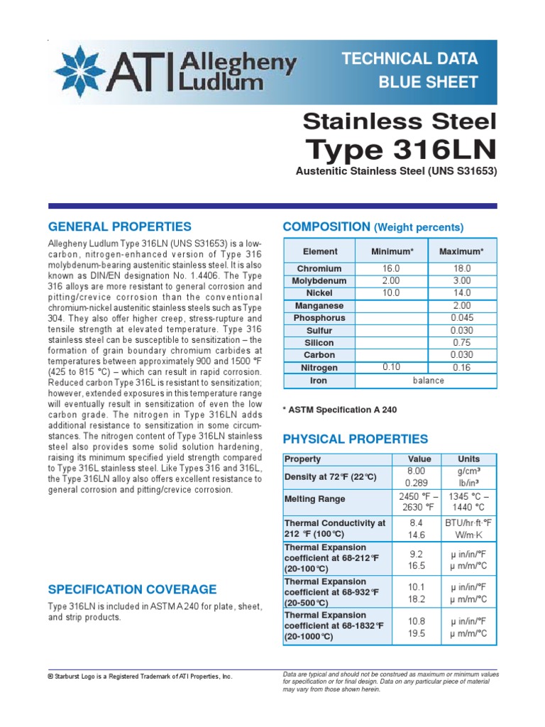 316LN | PDF | Stainless Steel | Steel