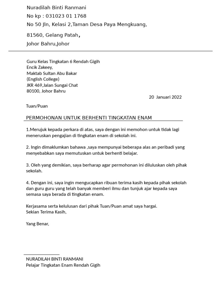 Surat Permohonan Tarik Diri Pengajian | PDF | Karier & Perkembangan