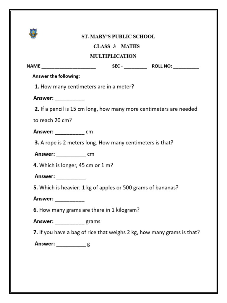 Class 3 Measurement Worksheet | PDF