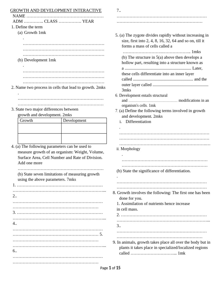 Growth and Development Worksheet | PDF | Seed | Plants