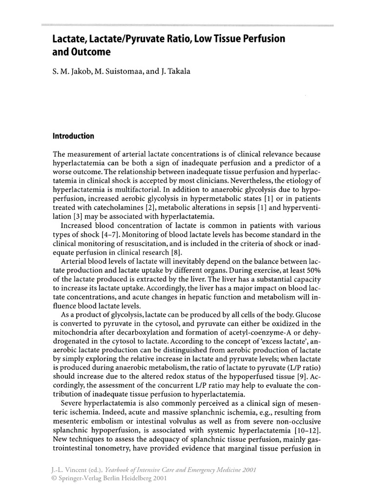 Lactate, Lactate/Pyruvate Ratio, Low Tissue Perfusion and Outcome | PDF ...