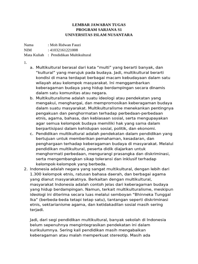 Tugas 1 Pendidikan Multikultural - Moh Ridwan Fauzi | PDF