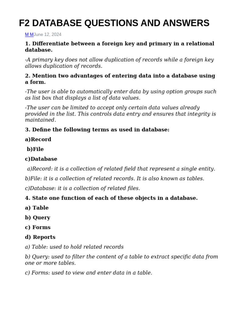 F2 Database Questions and Answers | PDF | Databases | Microsoft Access