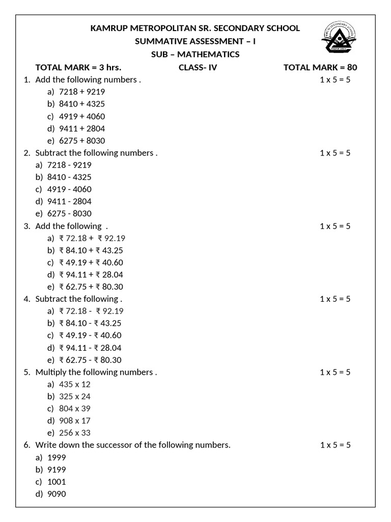 Class Iv | PDF | Elementary Mathematics | Notation