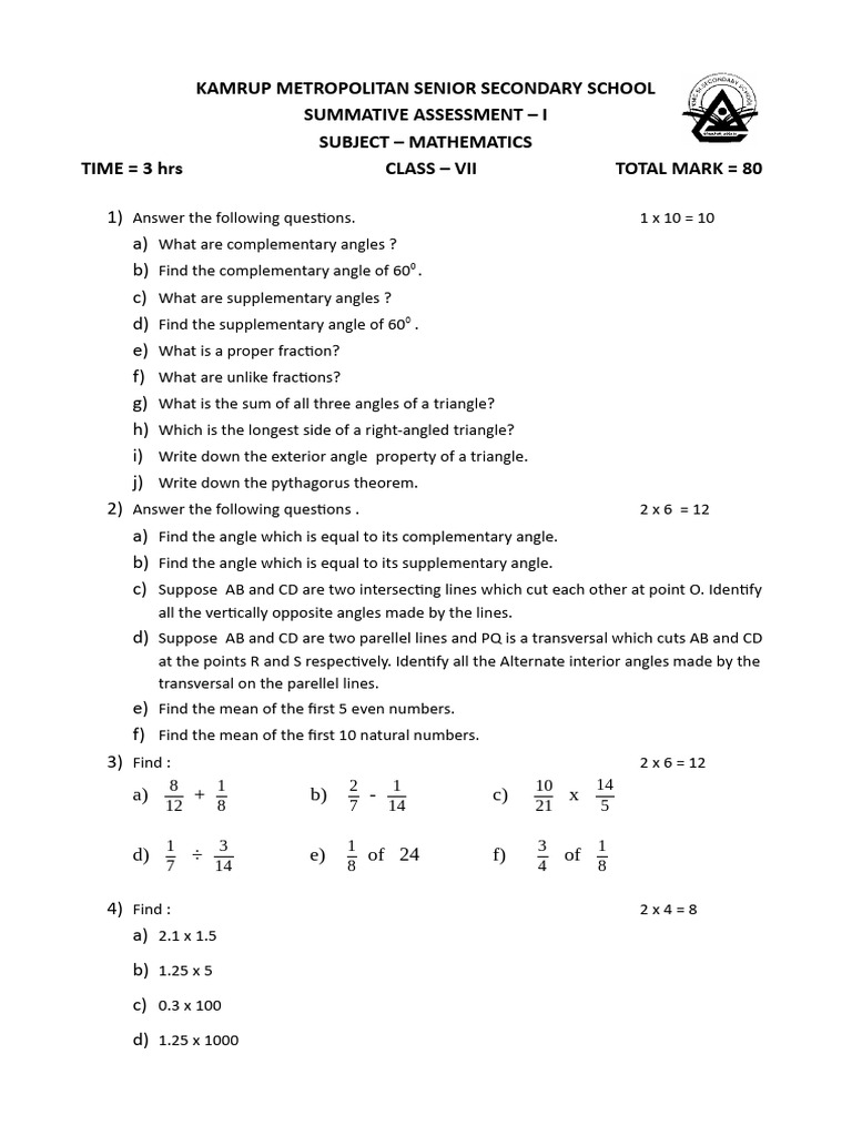 Q Paper Class 7 Sa - I | PDF | Triangle | Angle
