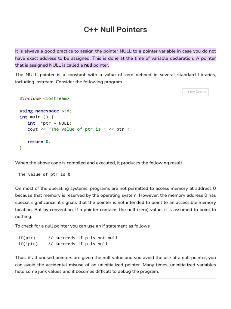 C++ Null Pointers | PDF