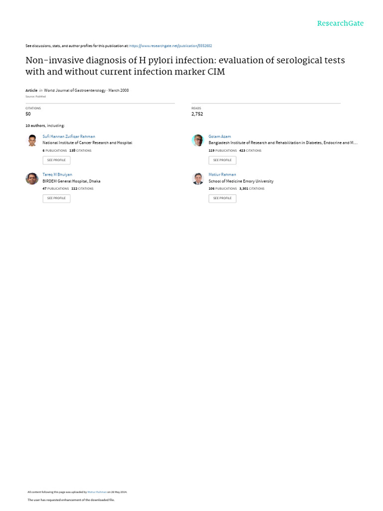 Non-Invasive Diagnosis of H Pylori Infection Evalu | PDF | Western Blot | Histopathology
