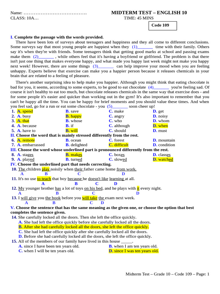 Midterm Test - English 10 | PDF