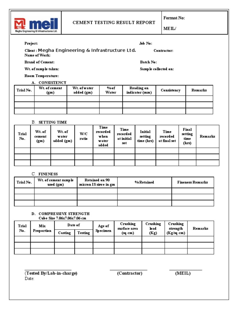 Cement Testing Result Report | PDF