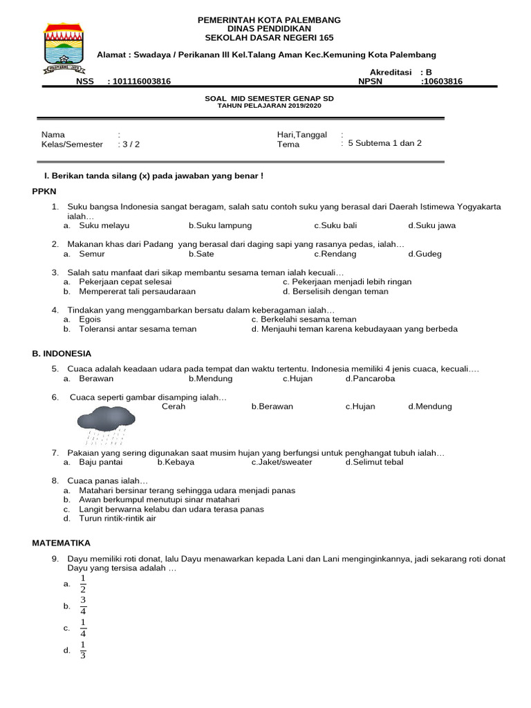 Soal PTS Kelas 3 Tema 5 Sub 1 Dan 2 Hari Ke-1 | PDF