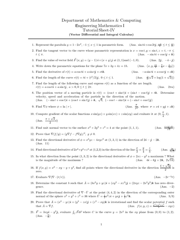 Vector Calculus Tutorial Sheet-4 | PDF | Mathematical Objects | Mathematical Physics