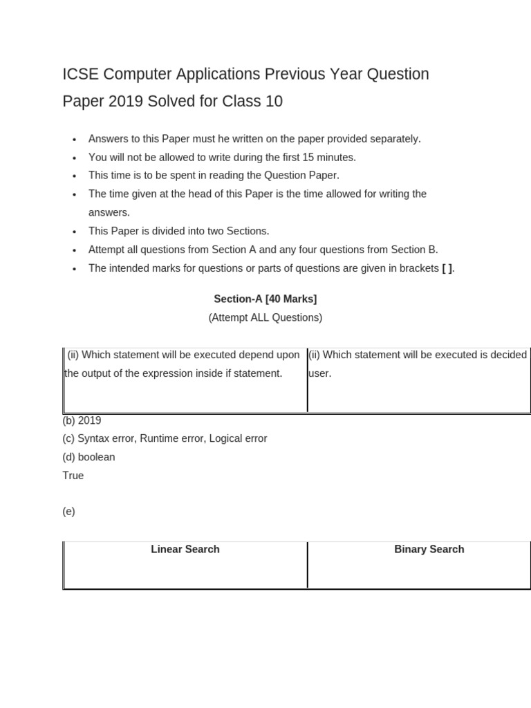 ICSE Computer Applications Previous Year Question Paper 2019 Solved For Class 10 | PDF ...