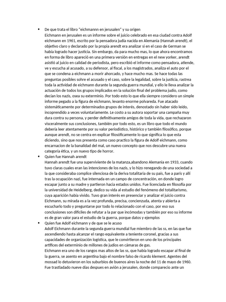 La Banalidad del Mal de Arendt | PDF | Hannah Arendt | Adolf Eichmann