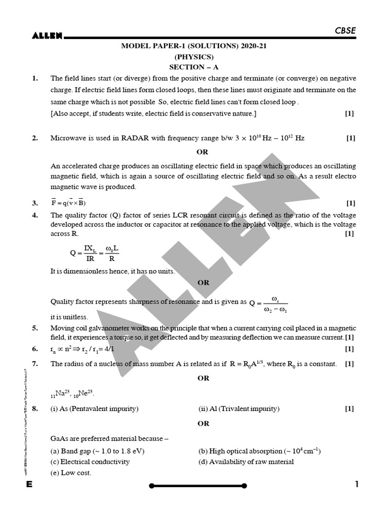 CBSE Physics Model Paper 2020-21 Solutions | PDF | Waves | Magnetic Field
