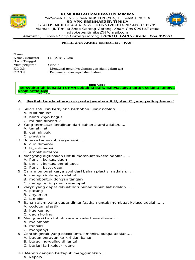 Naskah Soal Pas SBDP Semester 2 Kelas 2 | PDF