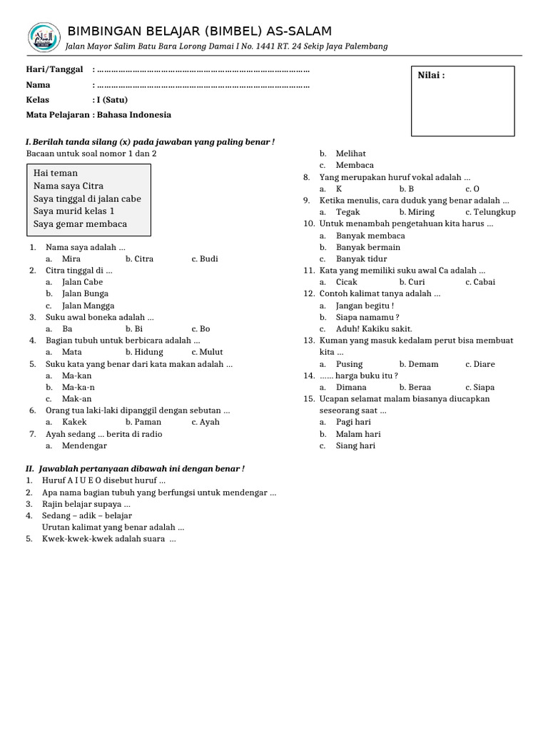 Kumpulan Soal Bahasa Indonesia Kelas 1 | PDF