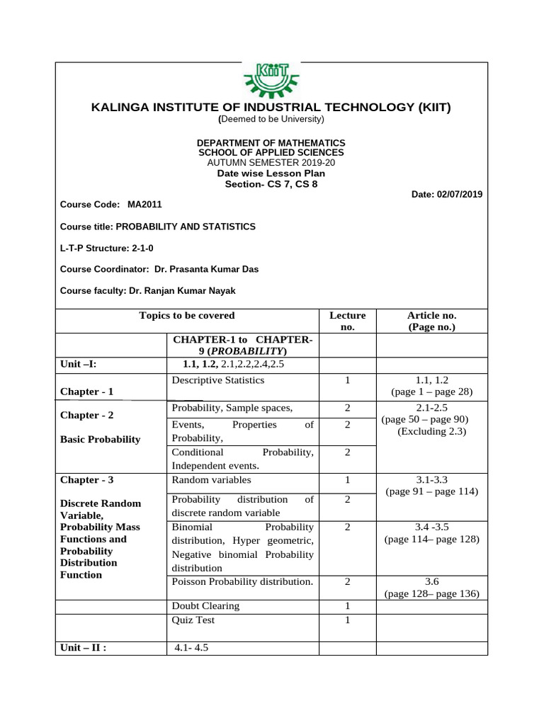 KIIT Probability and Statistics Lesson Plan | PDF | Probability Distribution | Confidence Interval