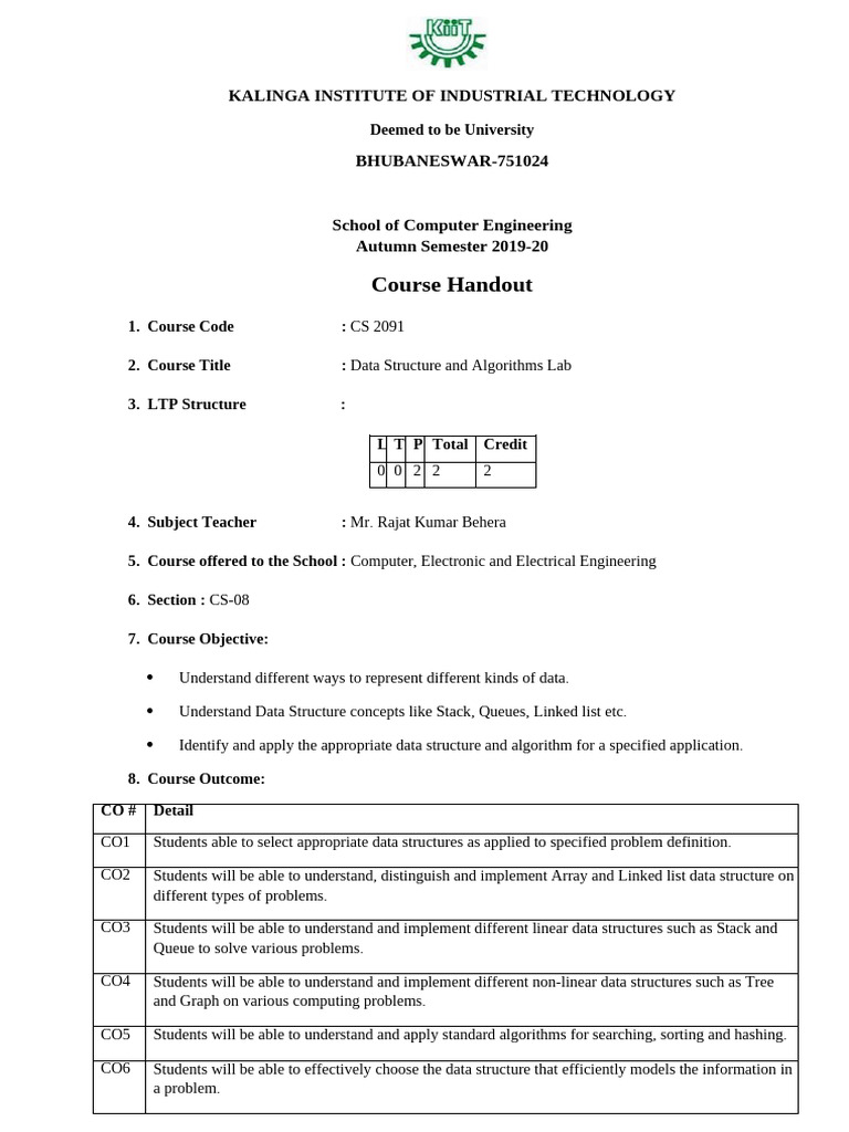 Course Handout: Kalinga Institute of Industrial Technology | PDF | Data Structure | Algorithms