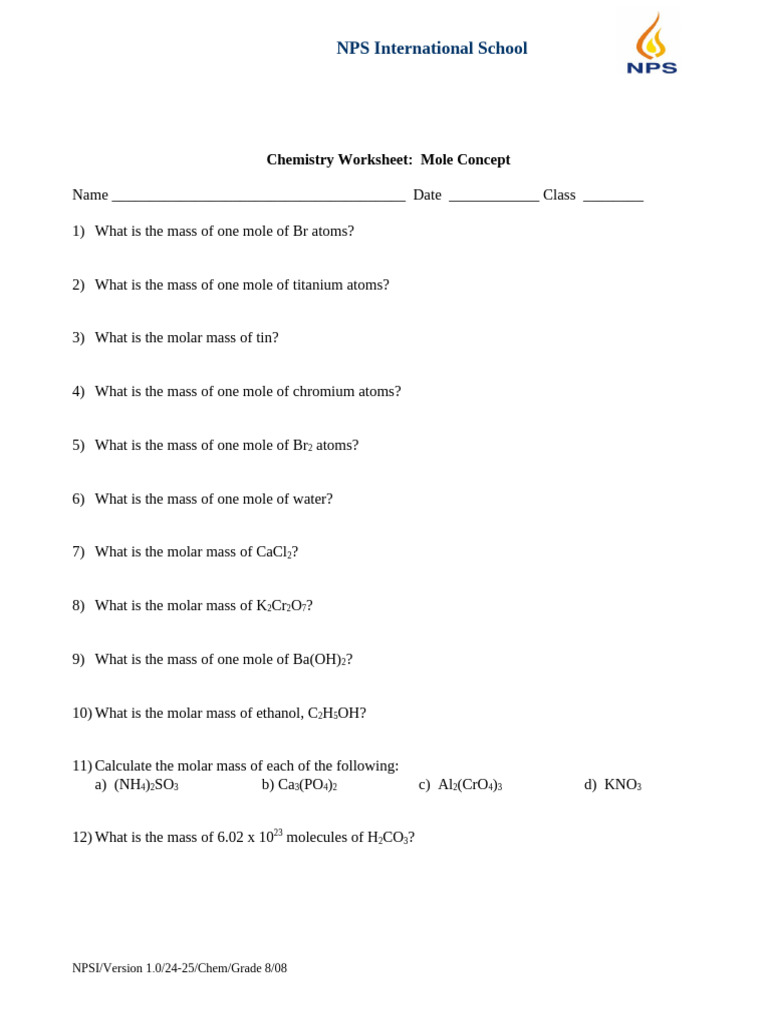 Mole Concept Chemistry Worksheet | PDF