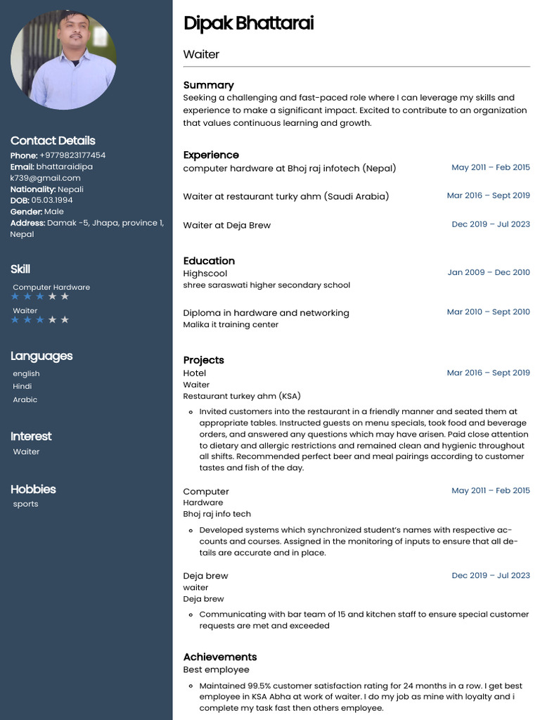 Dipak_Resume-937 (1) | PDF | Waiting Staff | Restaurants