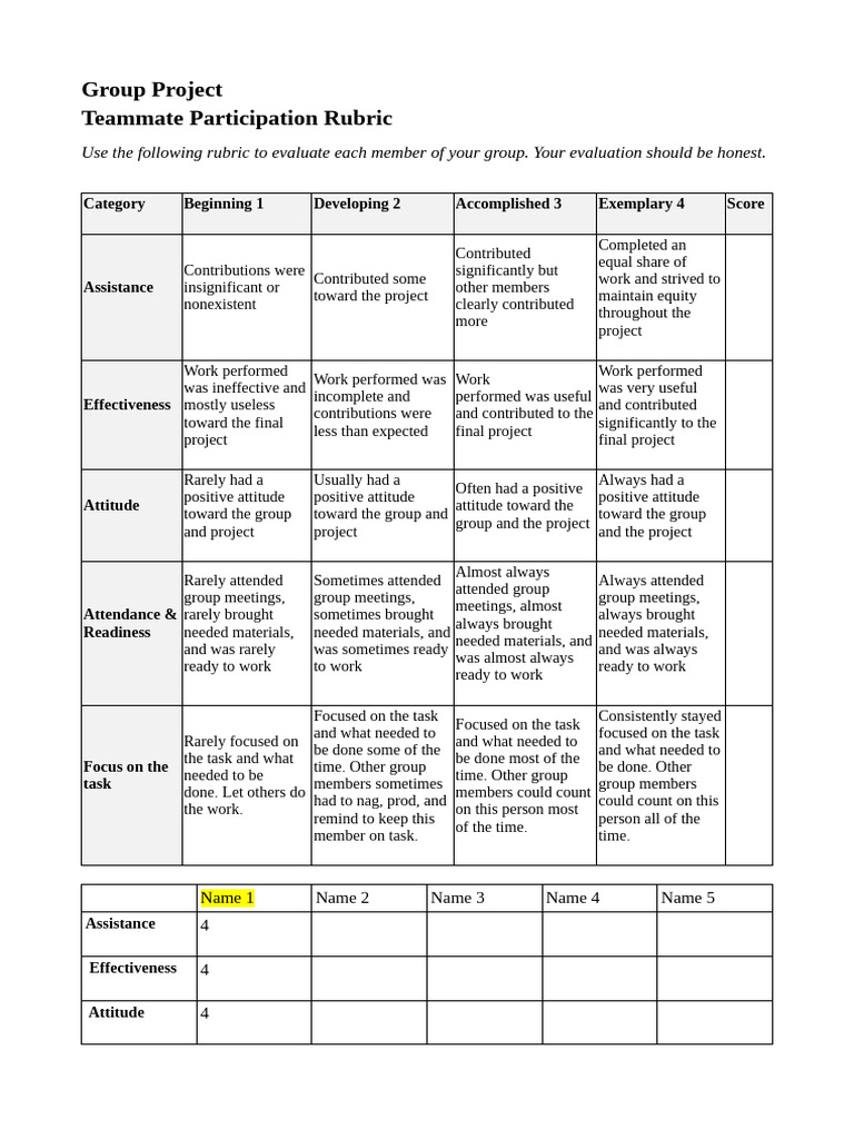 Teammate Participation Rubric | PDF