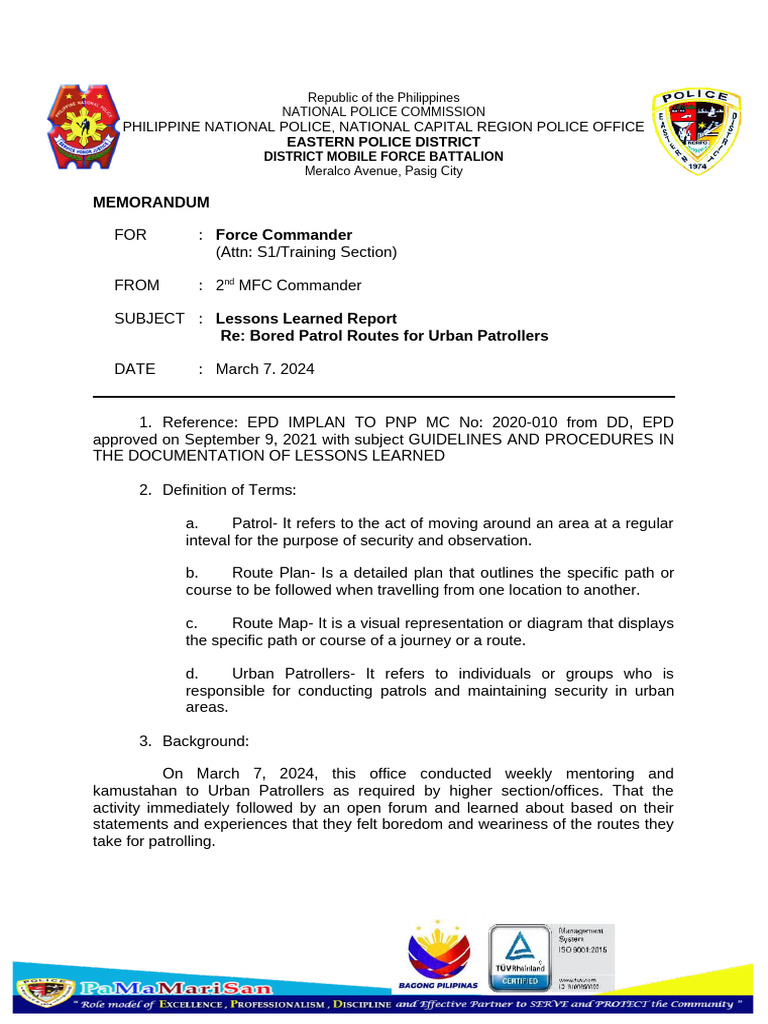 Lessons Learned Proposal For Urban Patrollers | PDF | Cognition