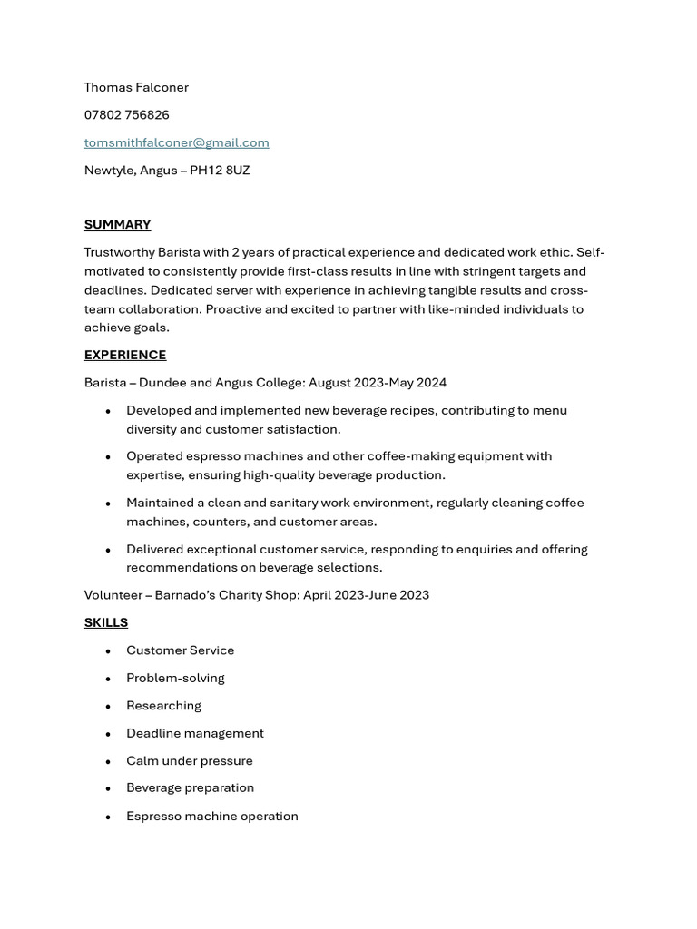 Thomas Falconer Official CV | PDF | Cooking | Food And Drink Preparation