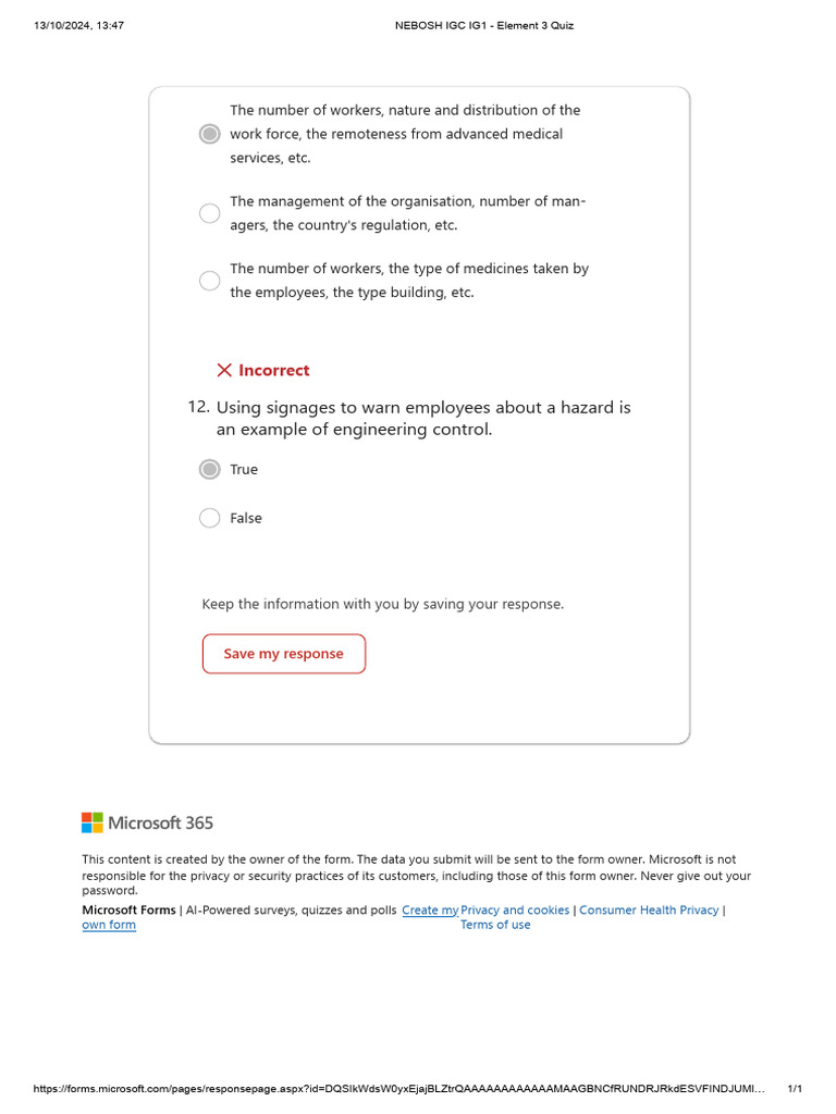 NEBOSH IGC IG1 - Element 3 Quiz | PDF