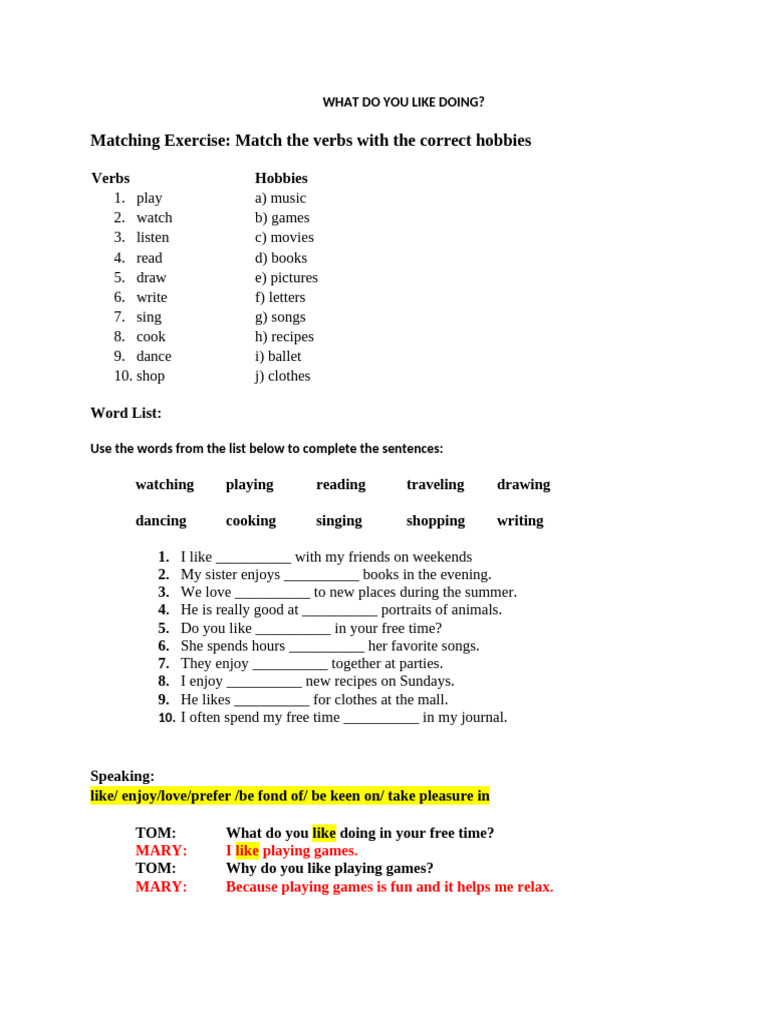 Hobbies and Activities Matching Exercise | PDF