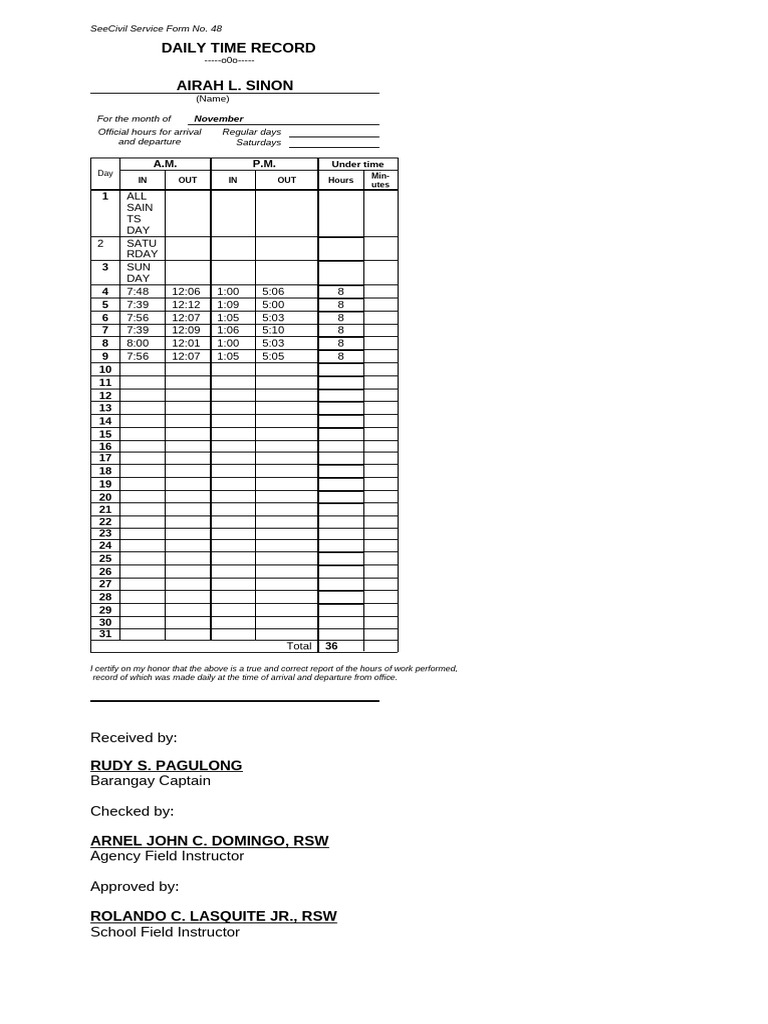 Airah DTR November | PDF