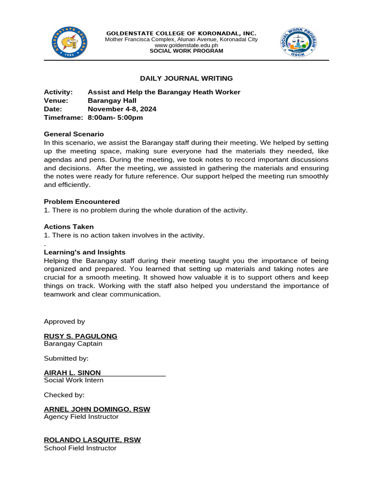 Social Work Journal: Barangay Meeting Support | PDF