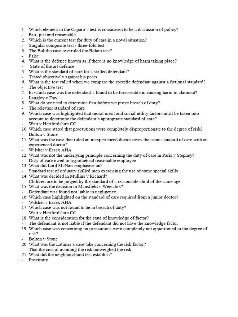 Tort Law Multiple Questions Practice For Foundation in Law | PDF ...