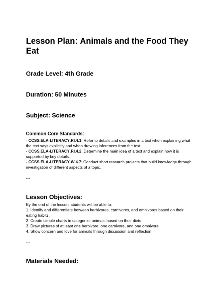 Lesson Plan - Animals and The Food They Eat | PDF | Herbivore | Lesson Plan