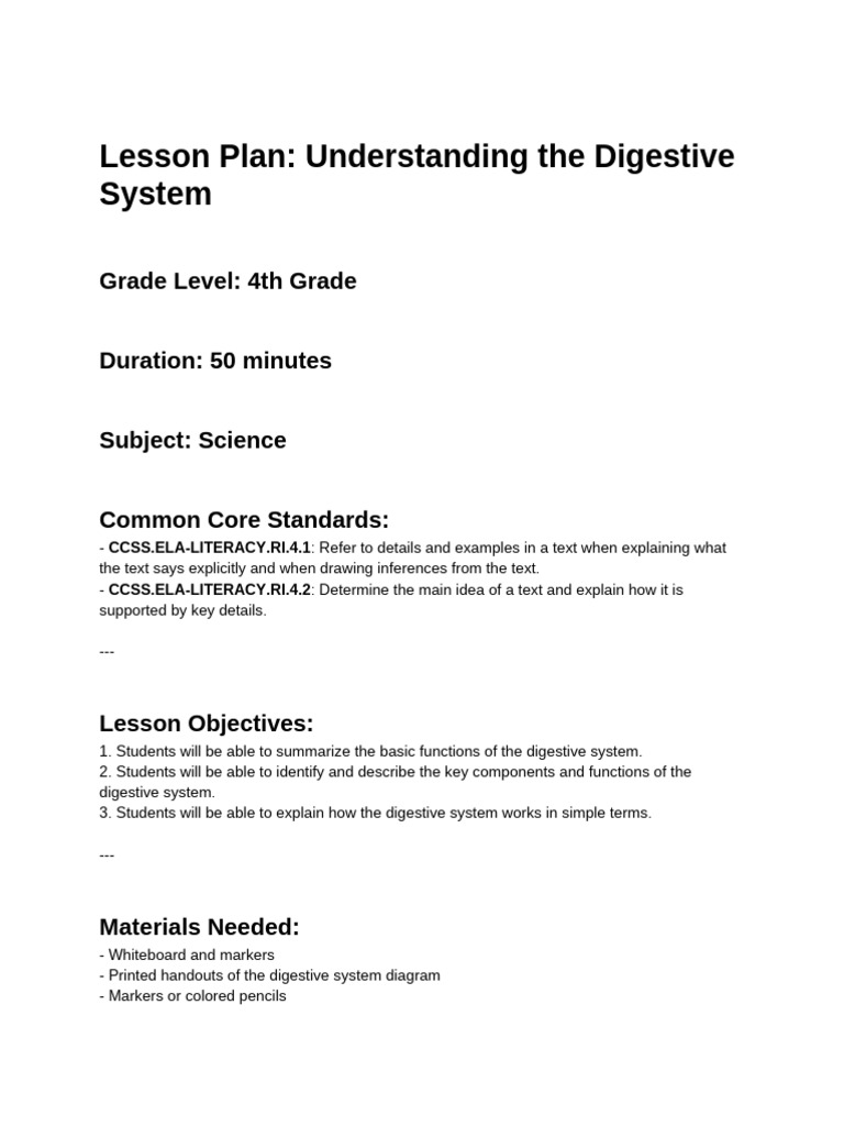 Lesson Plan - Understanding The Digestive System | PDF | Human ...