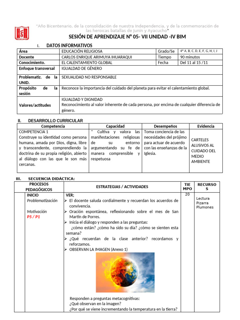 Ses - Apr. N°5-Ed - Rel - 4º Año-Unid. Vii-Ivbim | PDF | Cambio climático | Iglesia Católica
