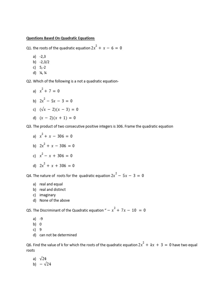 Quadratic Equations Practice Questions | PDF | Quadratic Equation ...
