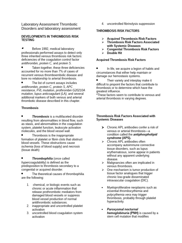 Laboratory Assessment Thrombotic Disorders and Laboratory Assessment ...