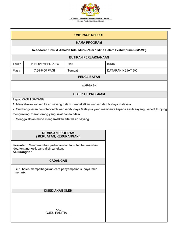 One Page Report Sivik Kasih Sayang | PDF