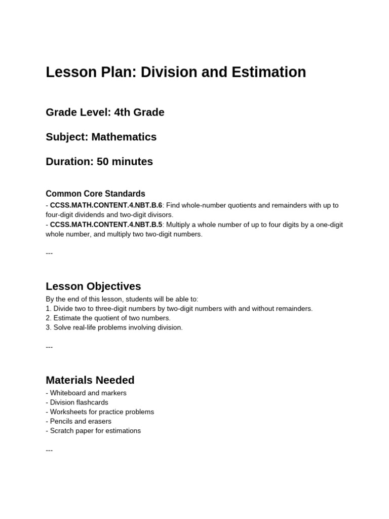 Lesson Plan - Division and Estimation | PDF | Pedagogy | Education Theory