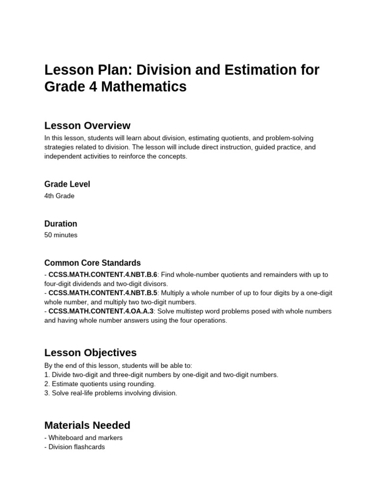 Lesson Plan dIVISION AND ESTIMATION | PDF | Pedagogy | Education Theory