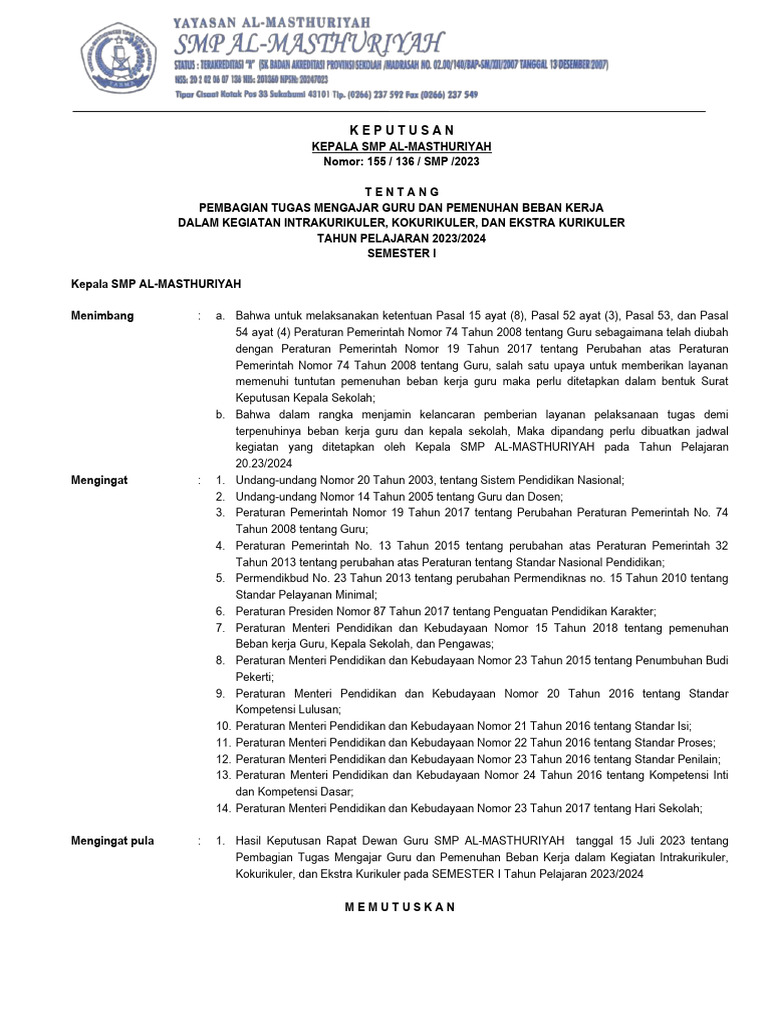 SK PEMBAGIAN TUGAS MENGAJAR SEMESTER 2, Jadwal, Absen | PDF