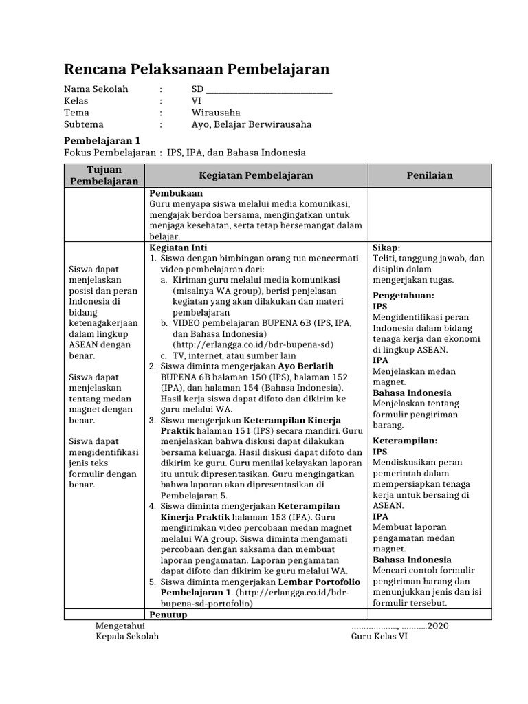 RPP BUPENA Kelas 6 Tema 5 Sub 3 | PDF