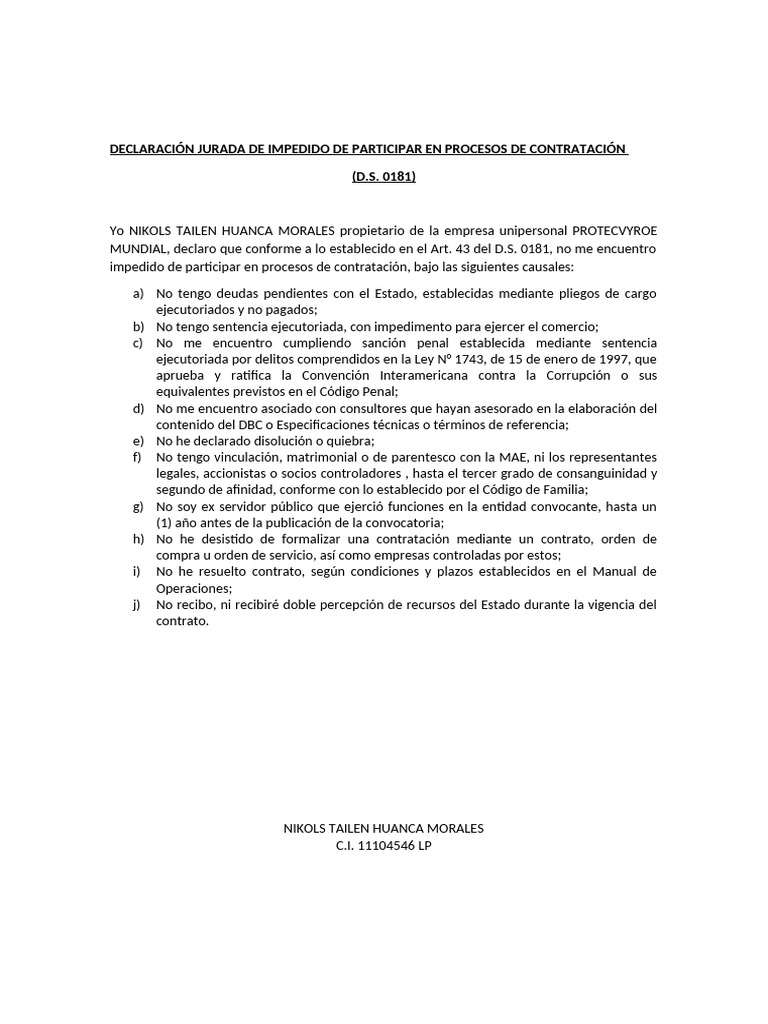 Declaración Jurada Proveedores Nikols | PDF