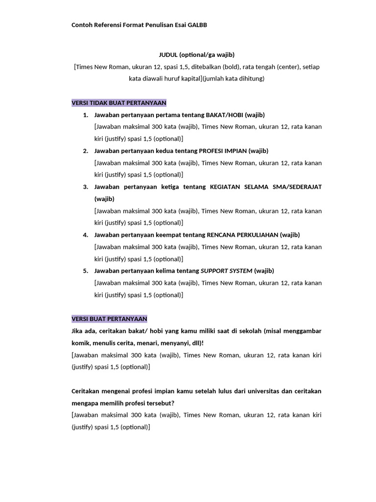Format Esai GALBB untuk Pelajar | PDF