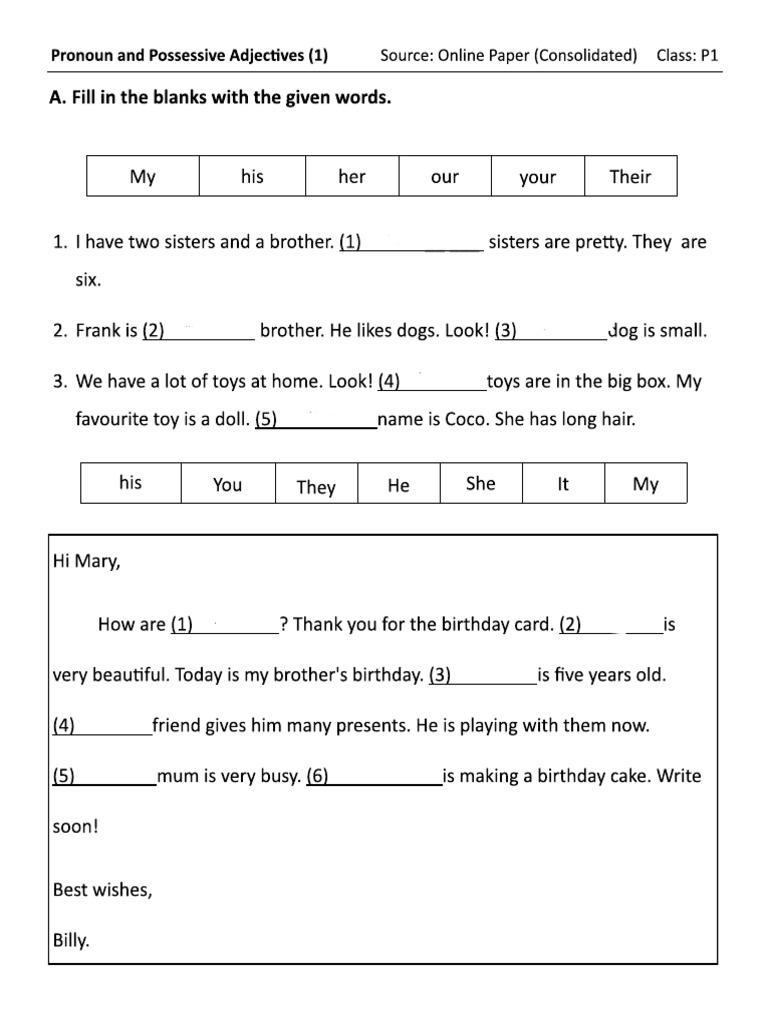 01-05. P1 English Pronoun and Possessive Adjectives | PDF