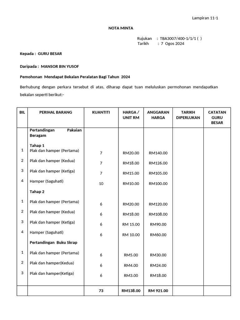 Nota Minta (Panitia Sejarah) | PDF