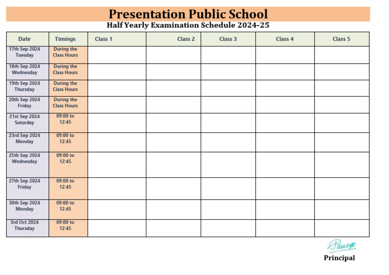 Class 1st To 5th Time Table Half Year | PDF