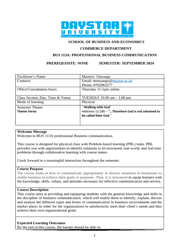 Bus 113a Sept24 Course Outline | PDF | Communication | Nonverbal ...