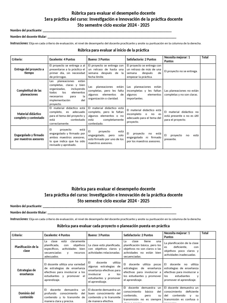 Rúbrica para Evaluar El Desempeño Docente. 2024 | PDF | Evaluación | Planificación