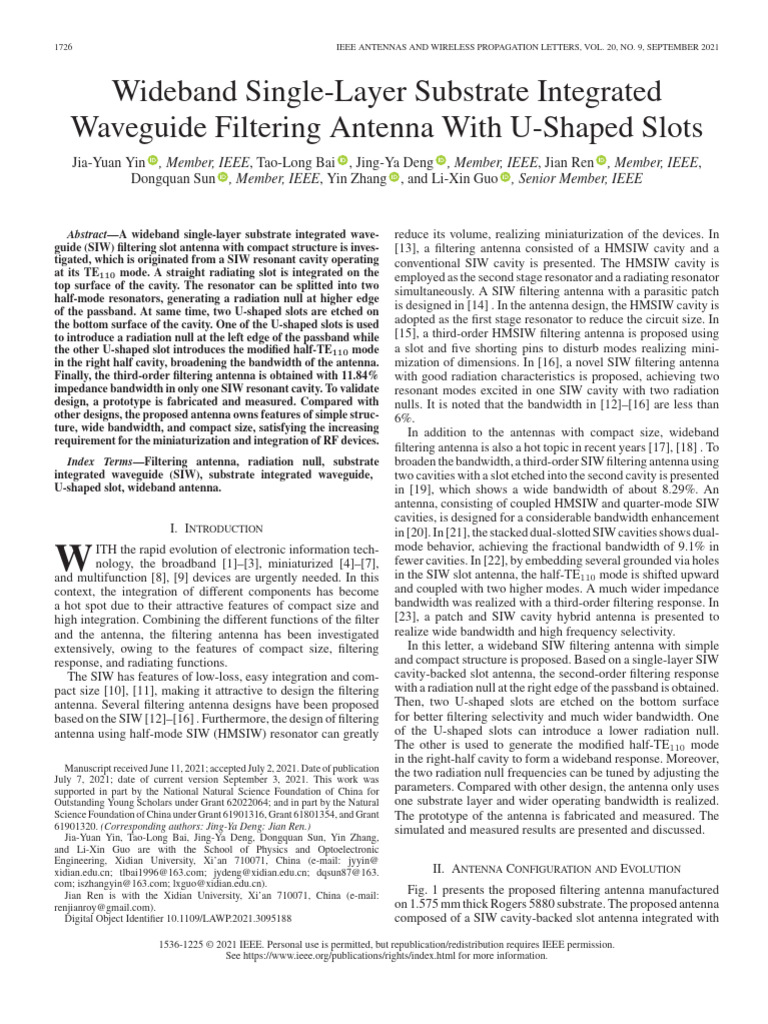 4 2021-Wideband Single-Layer Substrate Integrated Waveguide Filtering Antenna Wi | PDF | Antenna ...